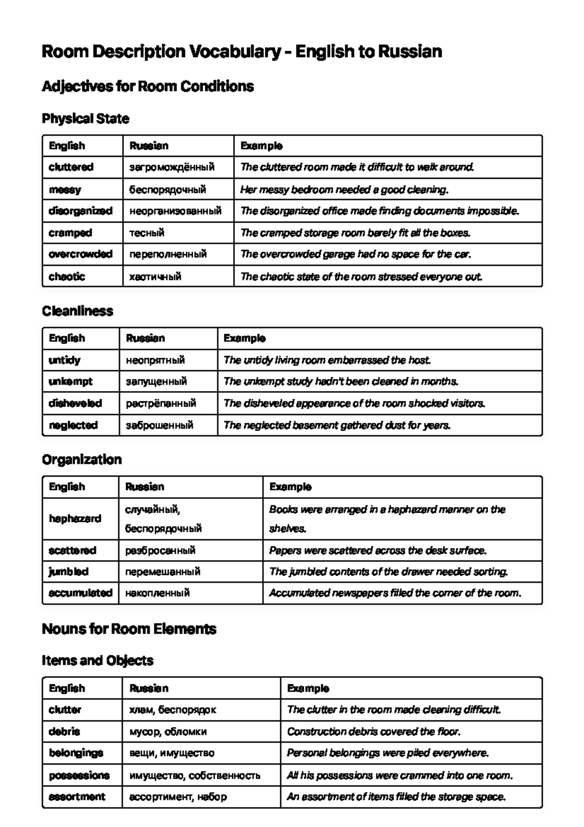 Room Description Vocabulary: English to Russian Adjectives for Room ...