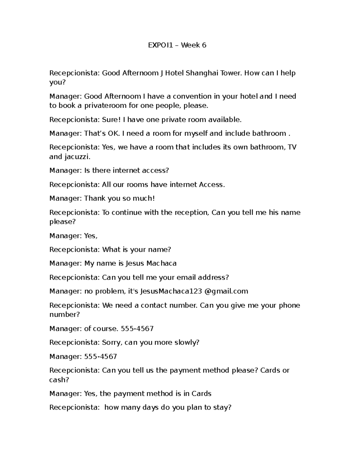 EXPOI1 – Week 6 Receptionist-Manager Conversation Simulation - Studocu