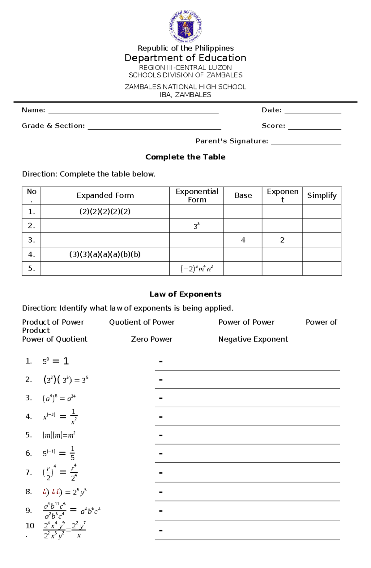 Activity - Division of Polynomials & Laws of Exponents 092312 - Studocu
