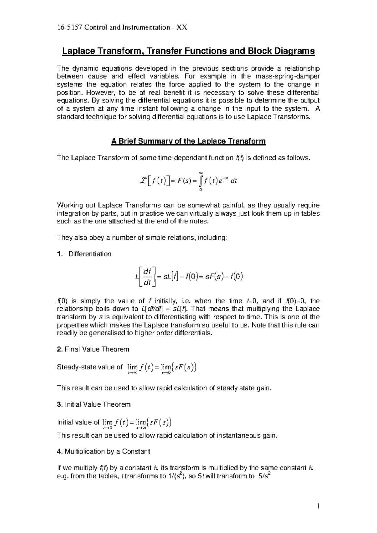 Lecture Notes 2: Laplace Transform, Transfer Functions & Block Diagrams ...
