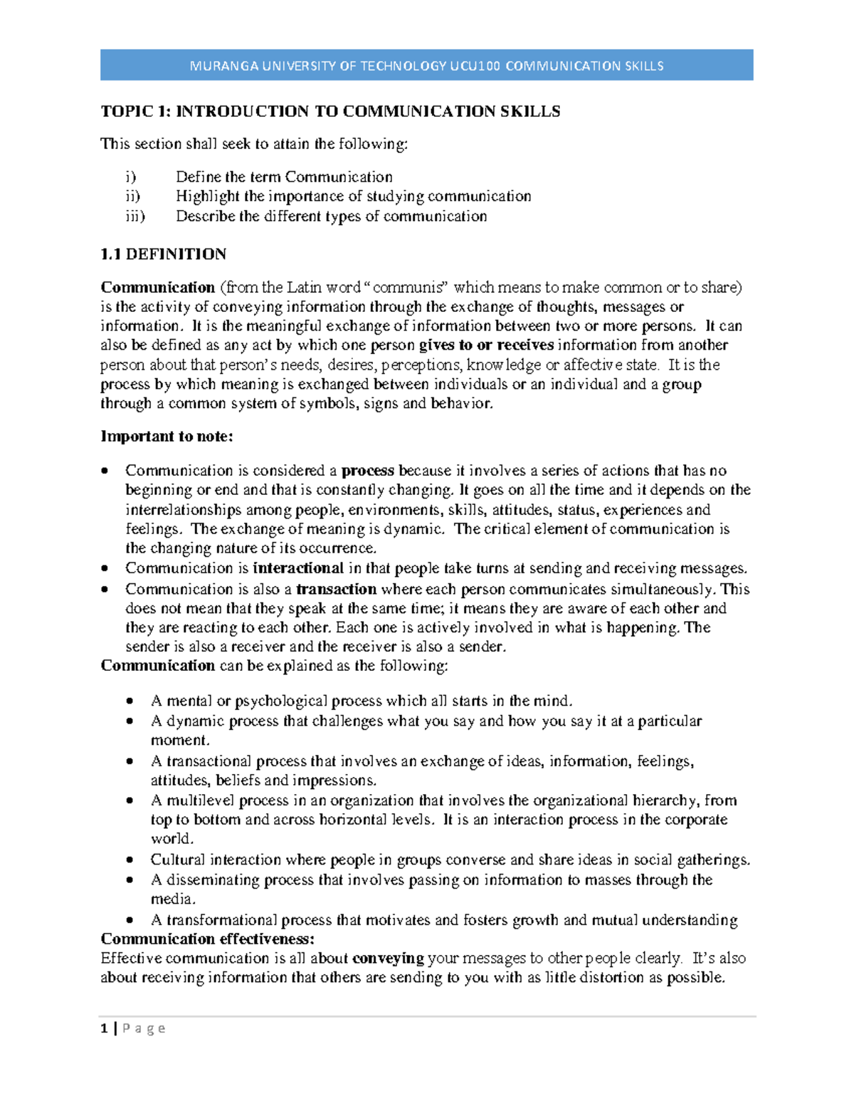 UCU100 Communication Skills: Introduction & Key Concepts Notes - Studocu