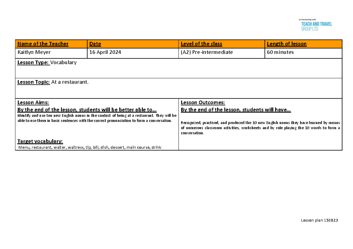 TEFL A2 Vocabulary Lesson on Restaurant Terms - Assignment 1 - Studocu