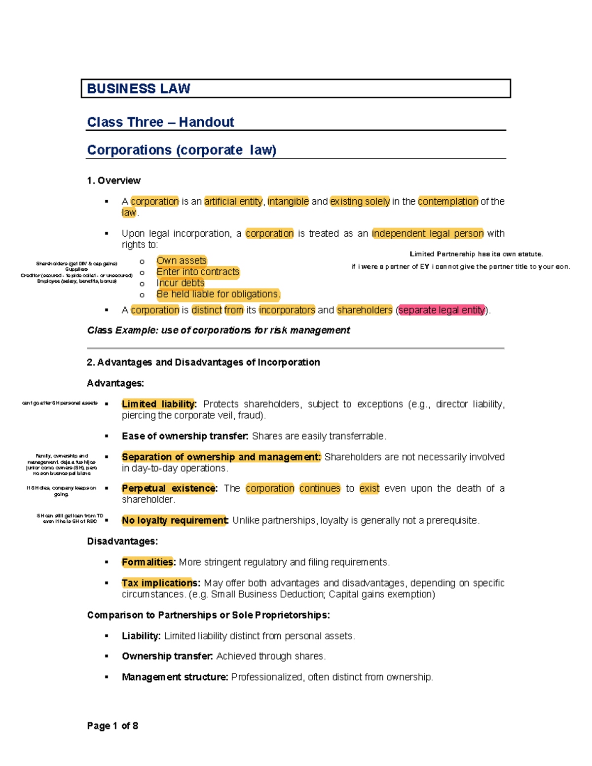 BUSINESS LAW 101: Class 3 Handout on Corporations and Legal Entities ...