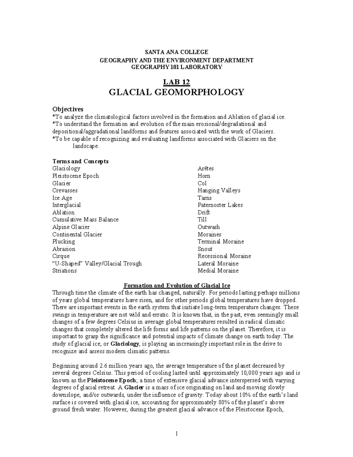 Lab #12 Glacial Geomorphology - SANTA ANA COLLEGE GEOGRAPHY AND THE ...