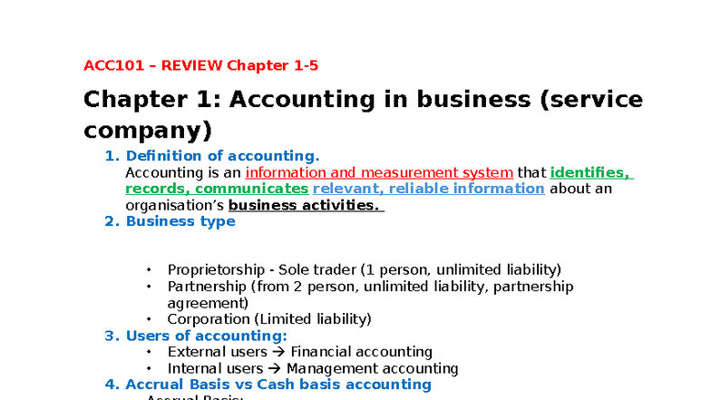 ACC101 - Review of Chapters 1 to 5: Accounting Fundamentals - Studocu