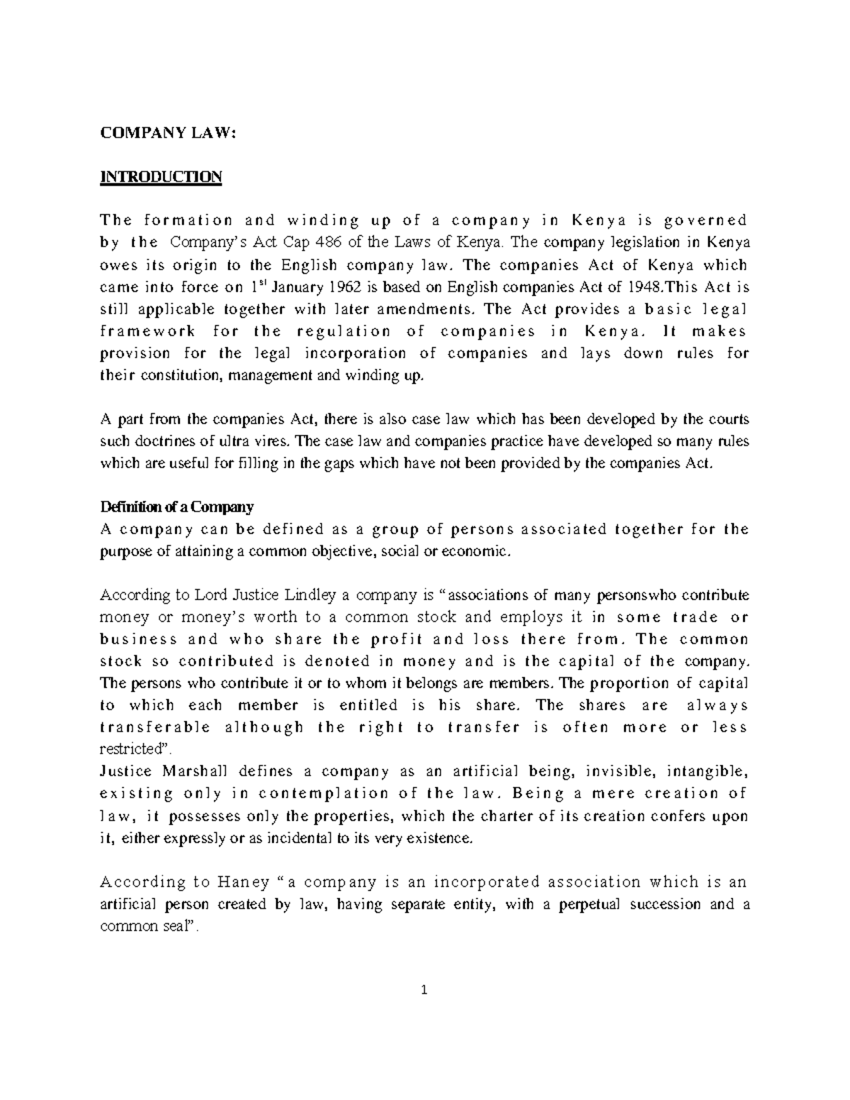 Company Law Notes (Company Act Cap 486) - Mr Mtaki - Studocu