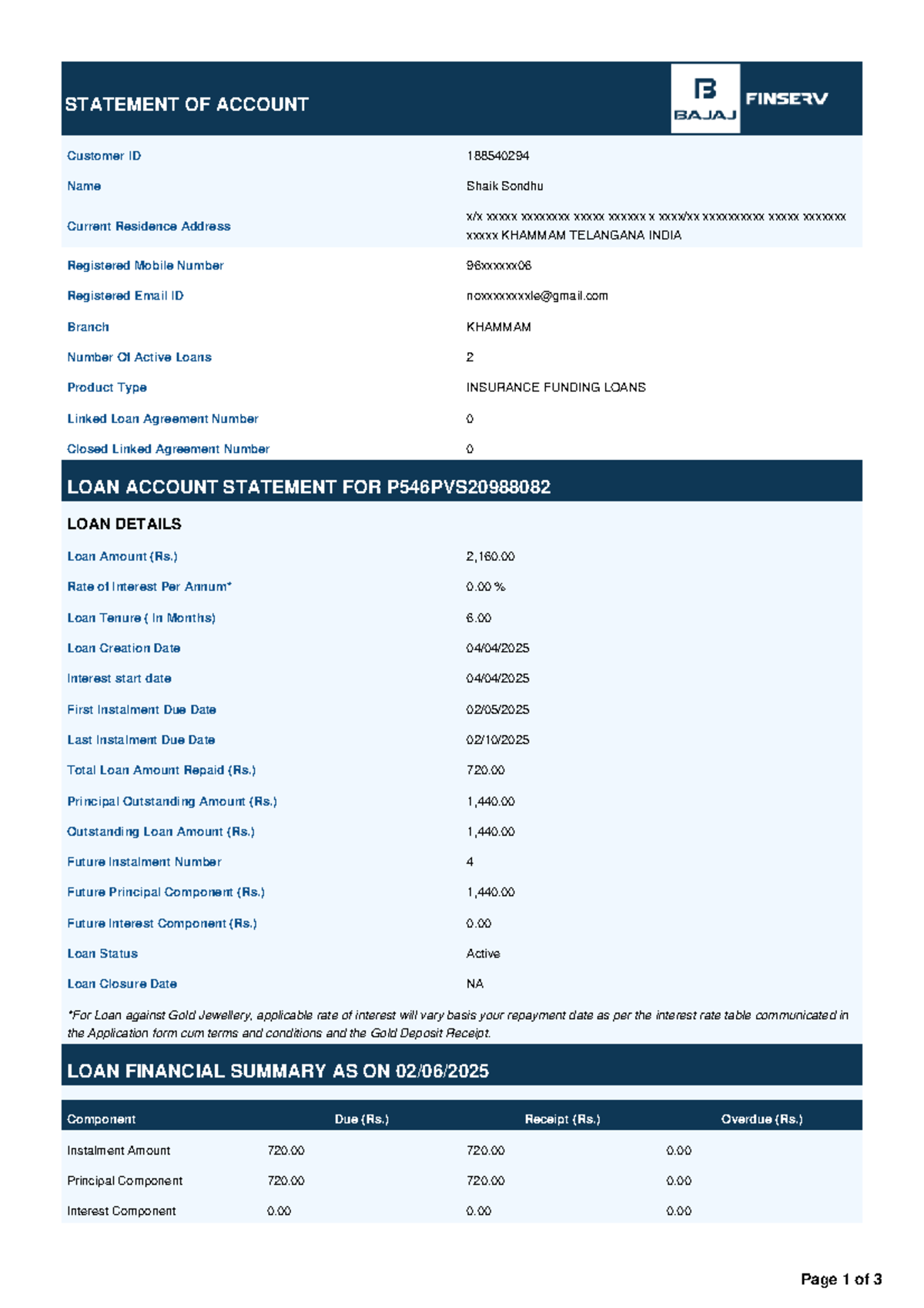 Loan Account Statement for Customer ID 188540294 - SOA Document - Studocu