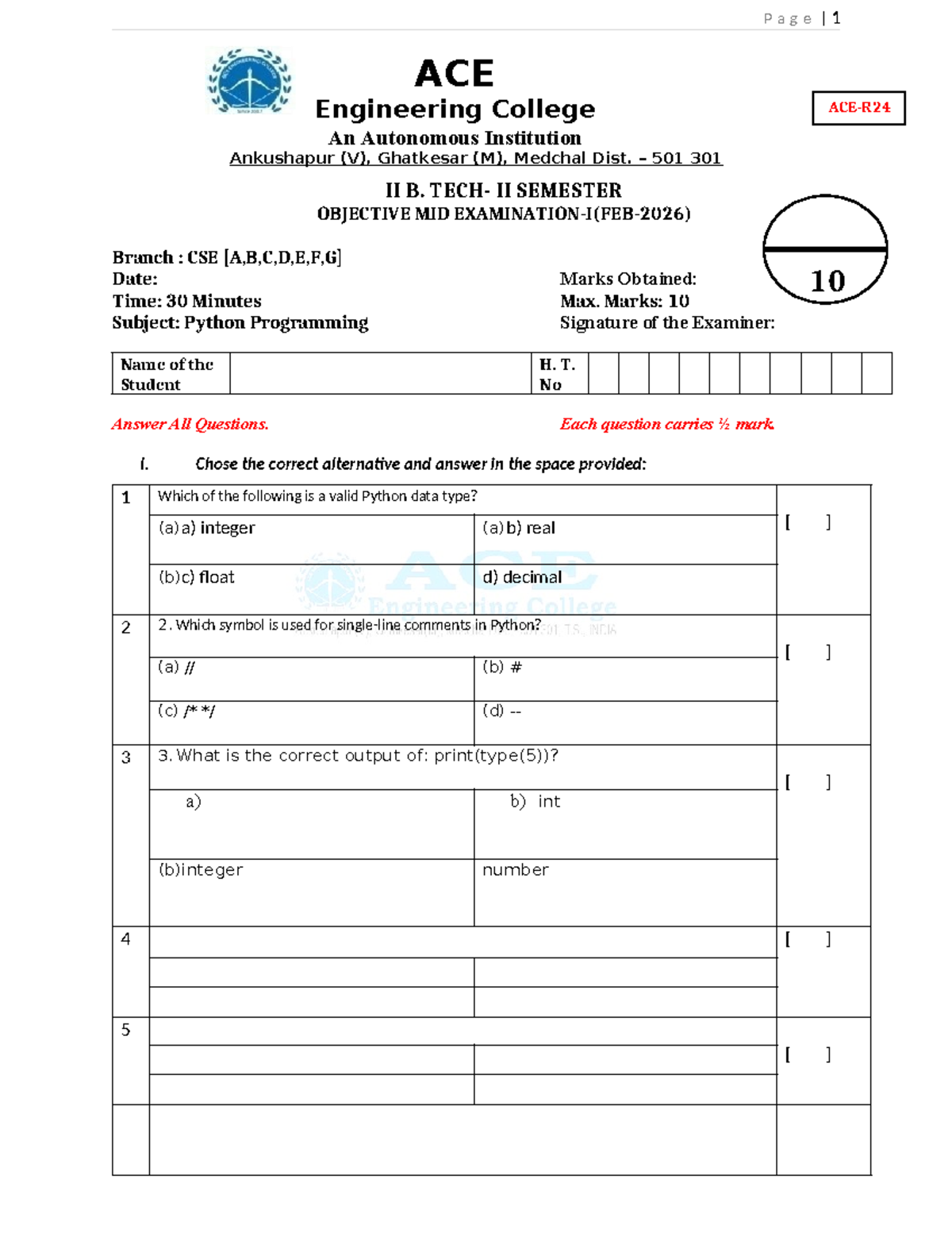 CSE II B. II SEMESTER Objective Midterm: Python Programming Paper - Studocu