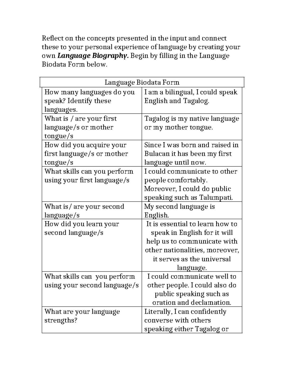 Language Biography Reflection (PC Assignment) - Studocu