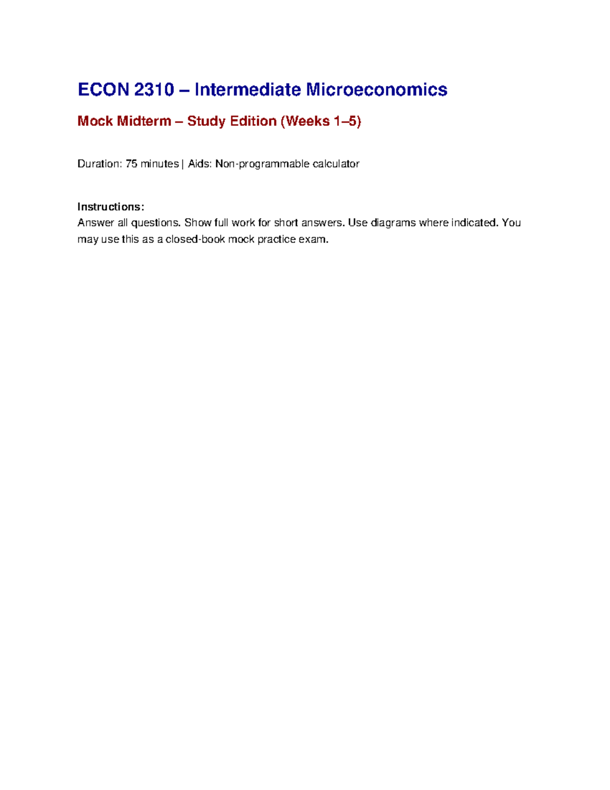 ECON 2310 Intermediate Microeconomics Mock Midterm Study Guide - Studocu