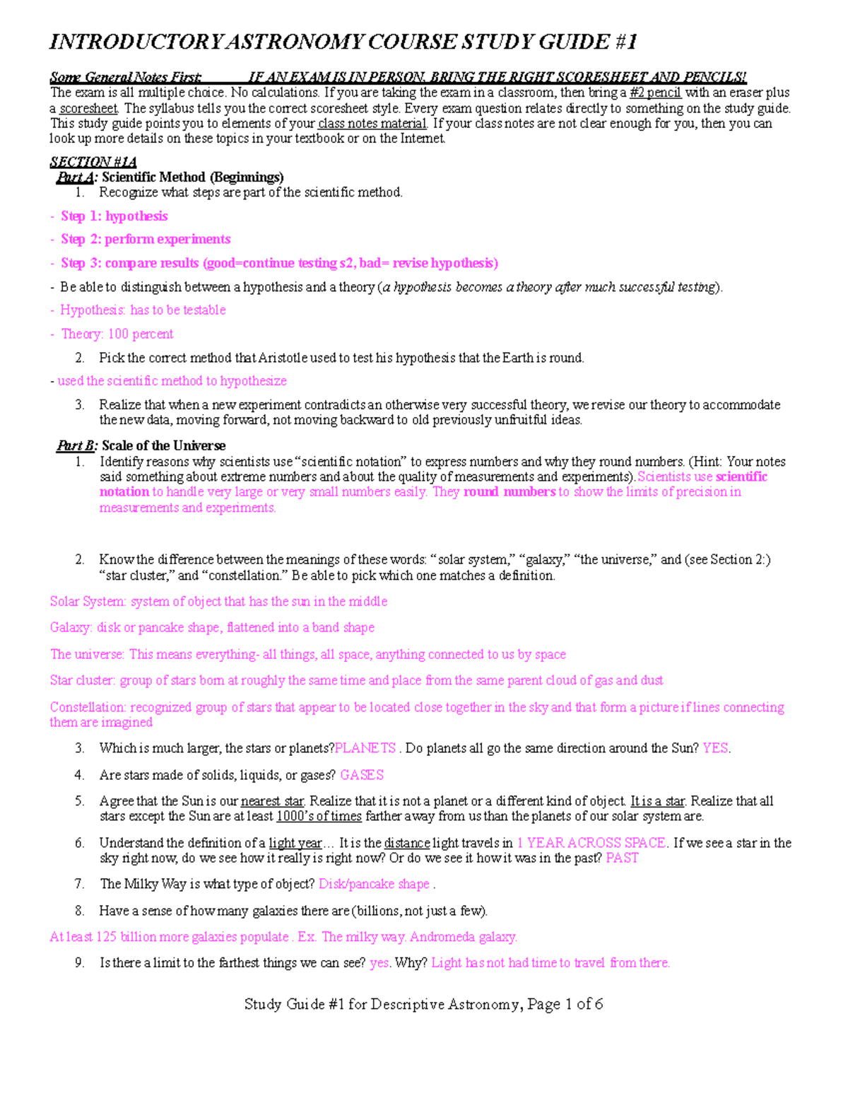 Study Guide #1 for Descriptive Astronomy (DA101) - Key Concepts and ...