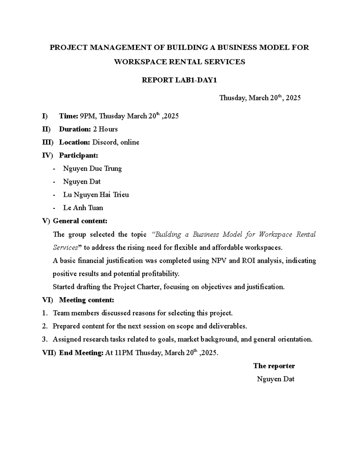 PROJECT MANAGEMENT: BUSINESS MODEL FOR WORKSPACE RENTAL REPORT - Studocu