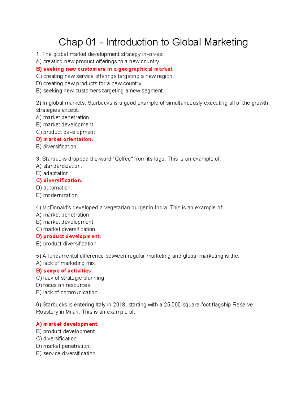 Global Marketing Strategies: Test Bank MCQs for Chapter 01 - Studocu