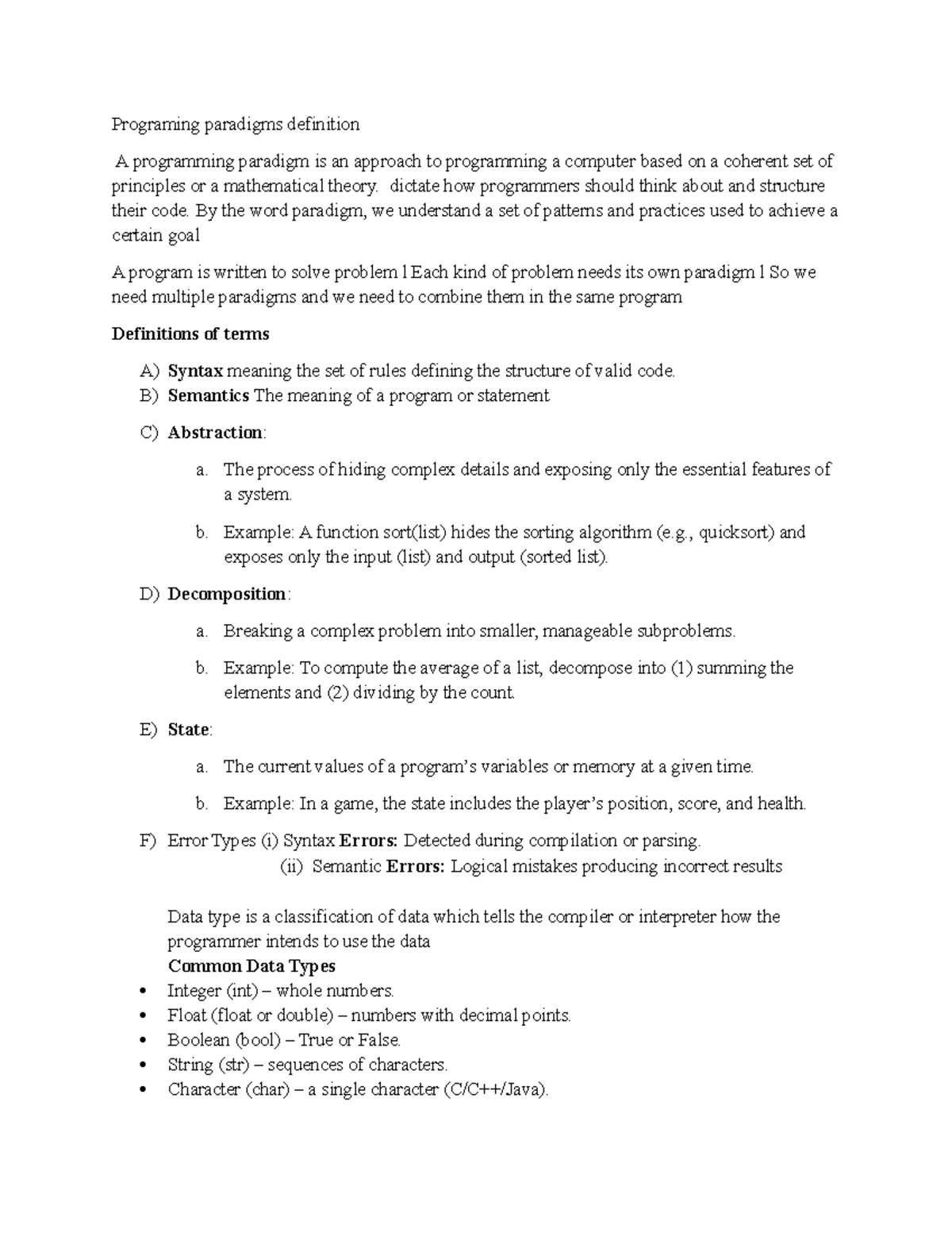 Programming Paradigms: Definitions and Key Concepts - Studocu