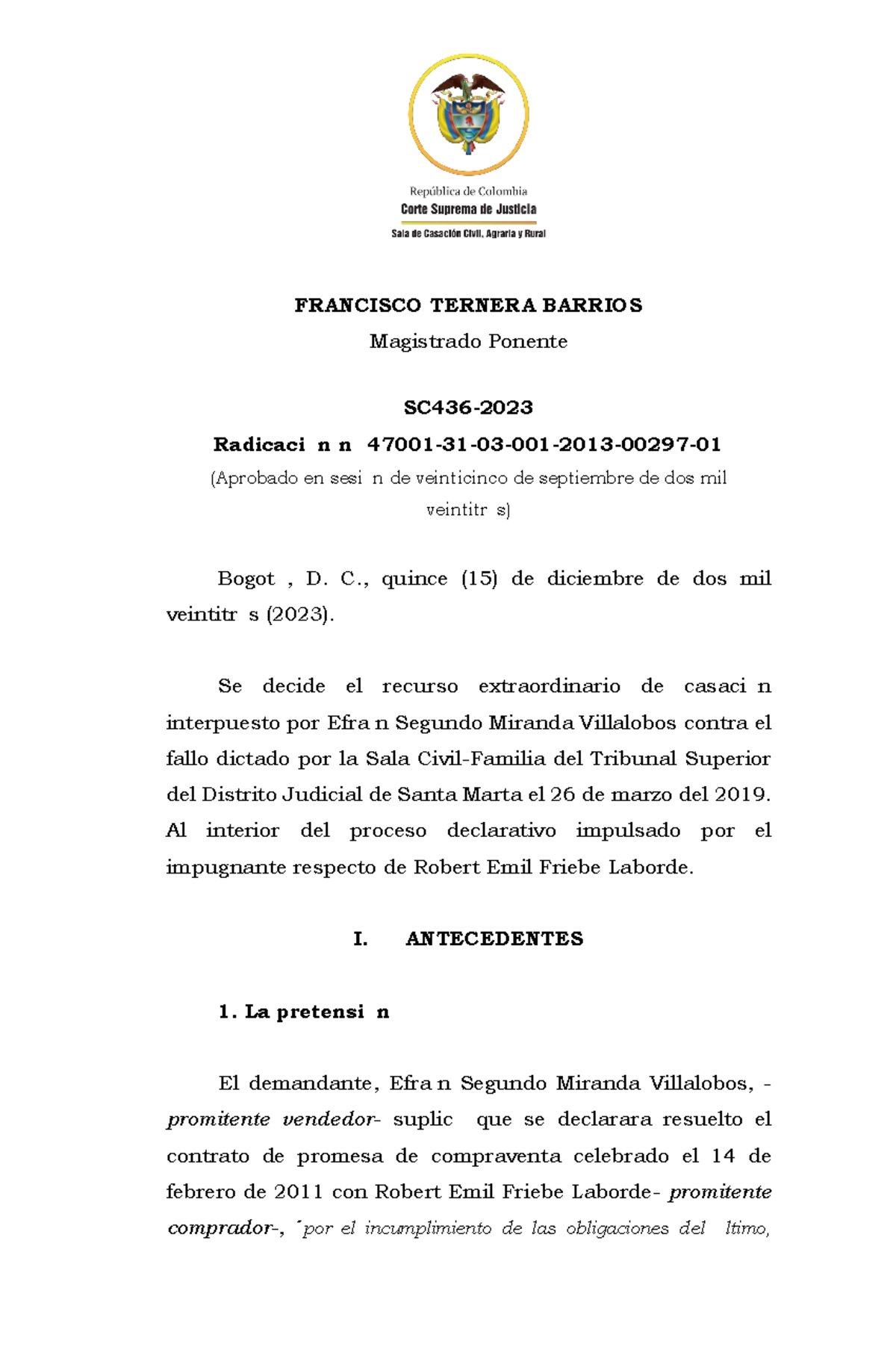 SC436-2023-2013-00297-01-1 Análisis del Recurso de Casación en Contrato ...