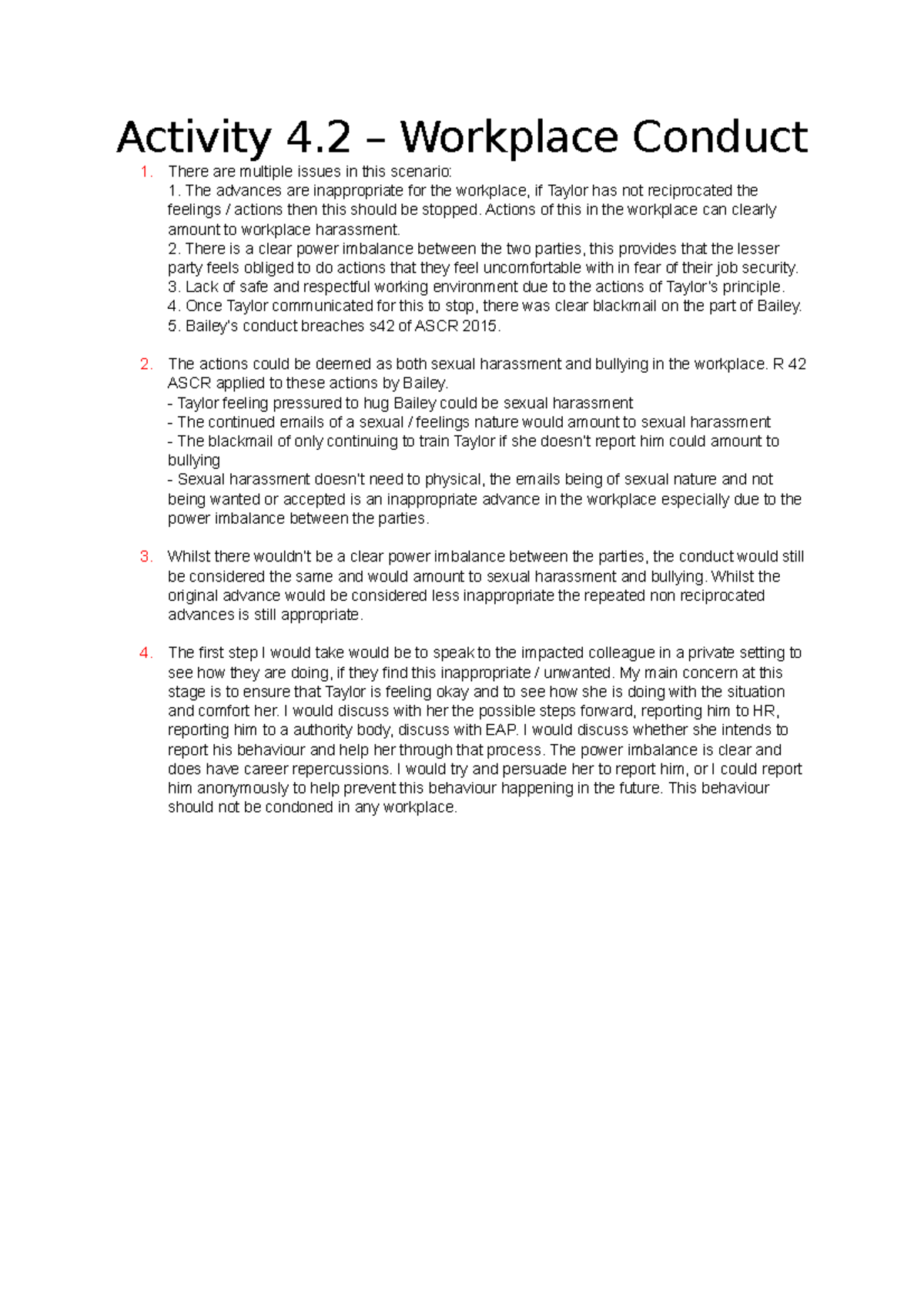 Activity 4.2: Analyzing Workplace Conduct and Harassment Issues - Studocu
