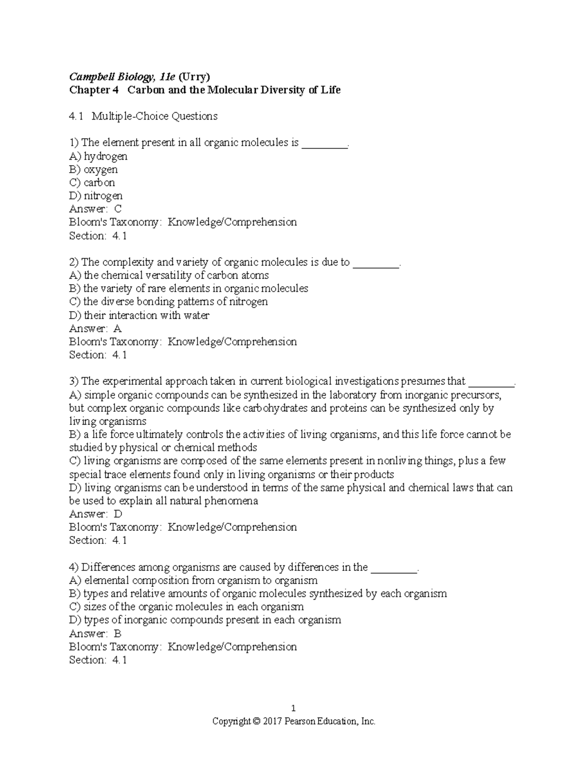Chapter 4 - Carbon and Molecular Diversity Test Prep (Campbell Biology ...