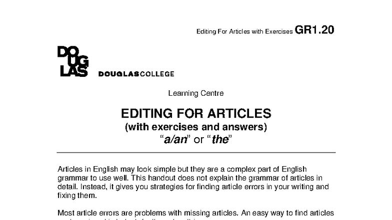 Editing for Articles with Exercises GR1.20: Strategies and Practice ...