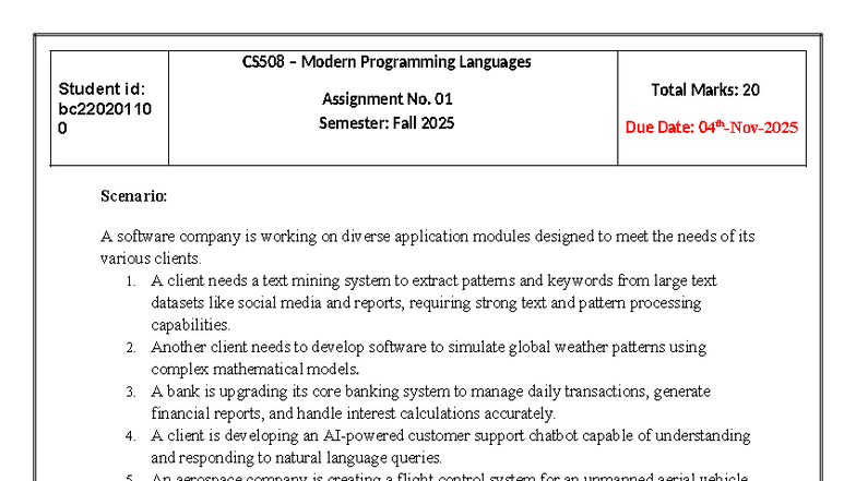 CS508 Fall 2025 Assignment 01: Programming Languages Analysis - Studocu
