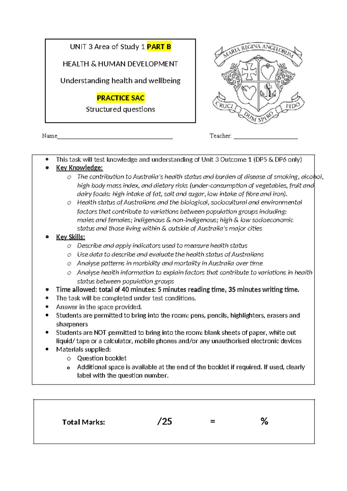 2023 HHD Unit 3 SAC AS1 Part B Practice Exam Guide - Studocu