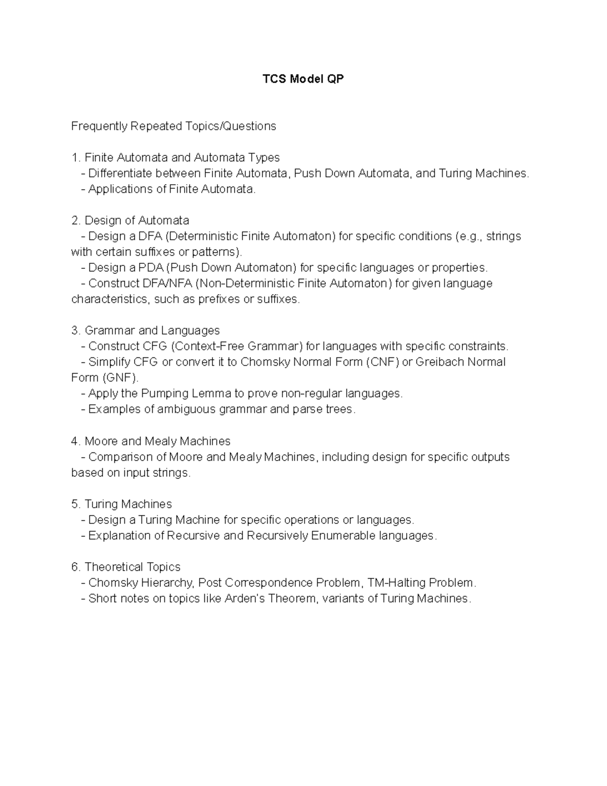 TCS Model QP - Summary of Topics in Theoretical Computer Science - Studocu