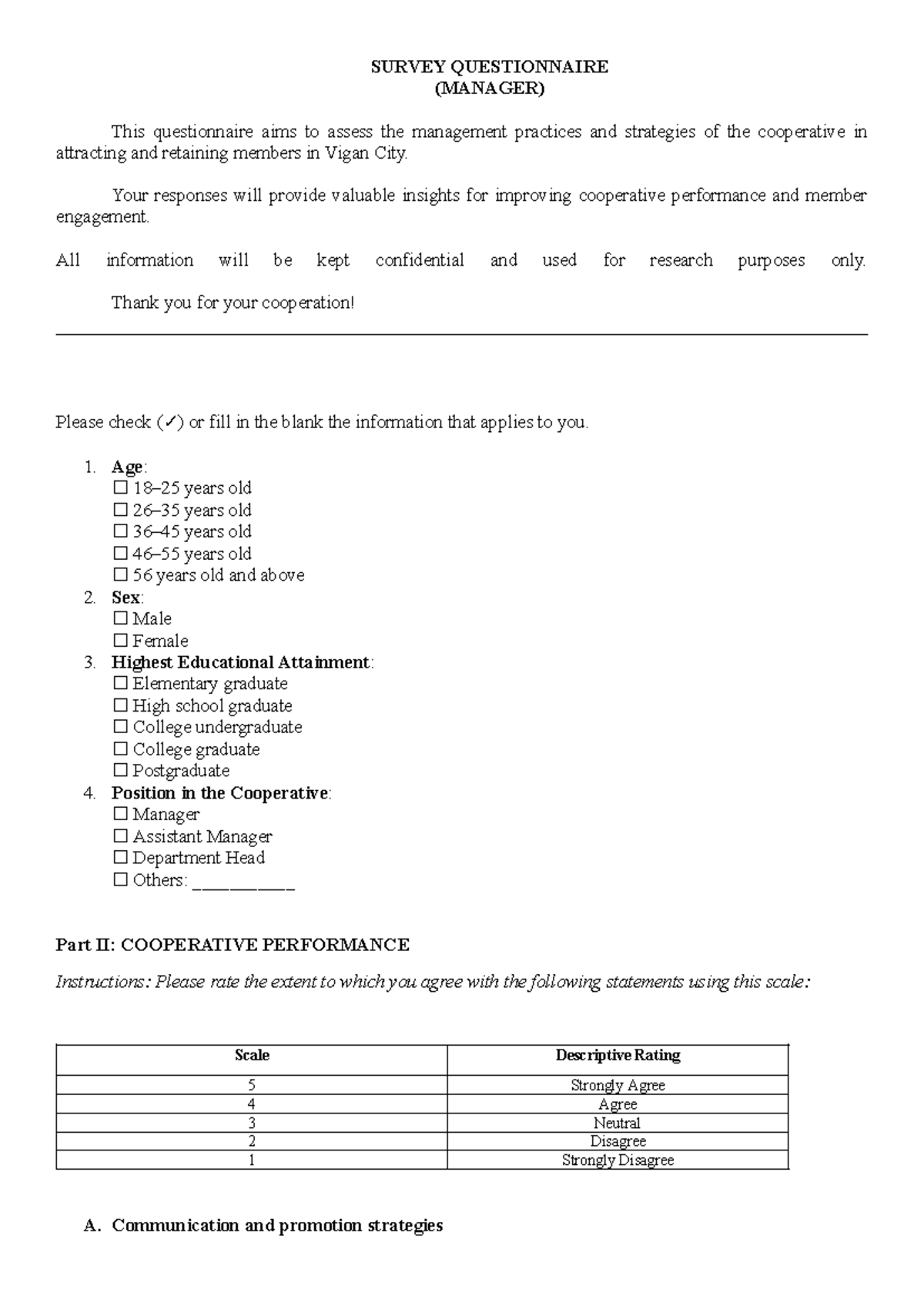 Manager Survey Questionnaire on Cooperative Practices & Member ...