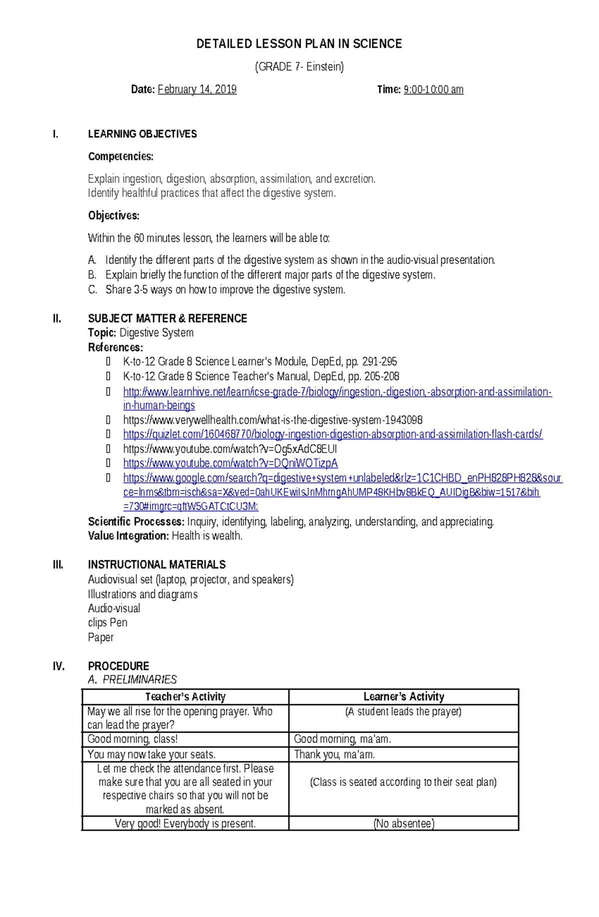 Grade 7 Science: Digestive System Lesson Plan and Activities - Studocu
