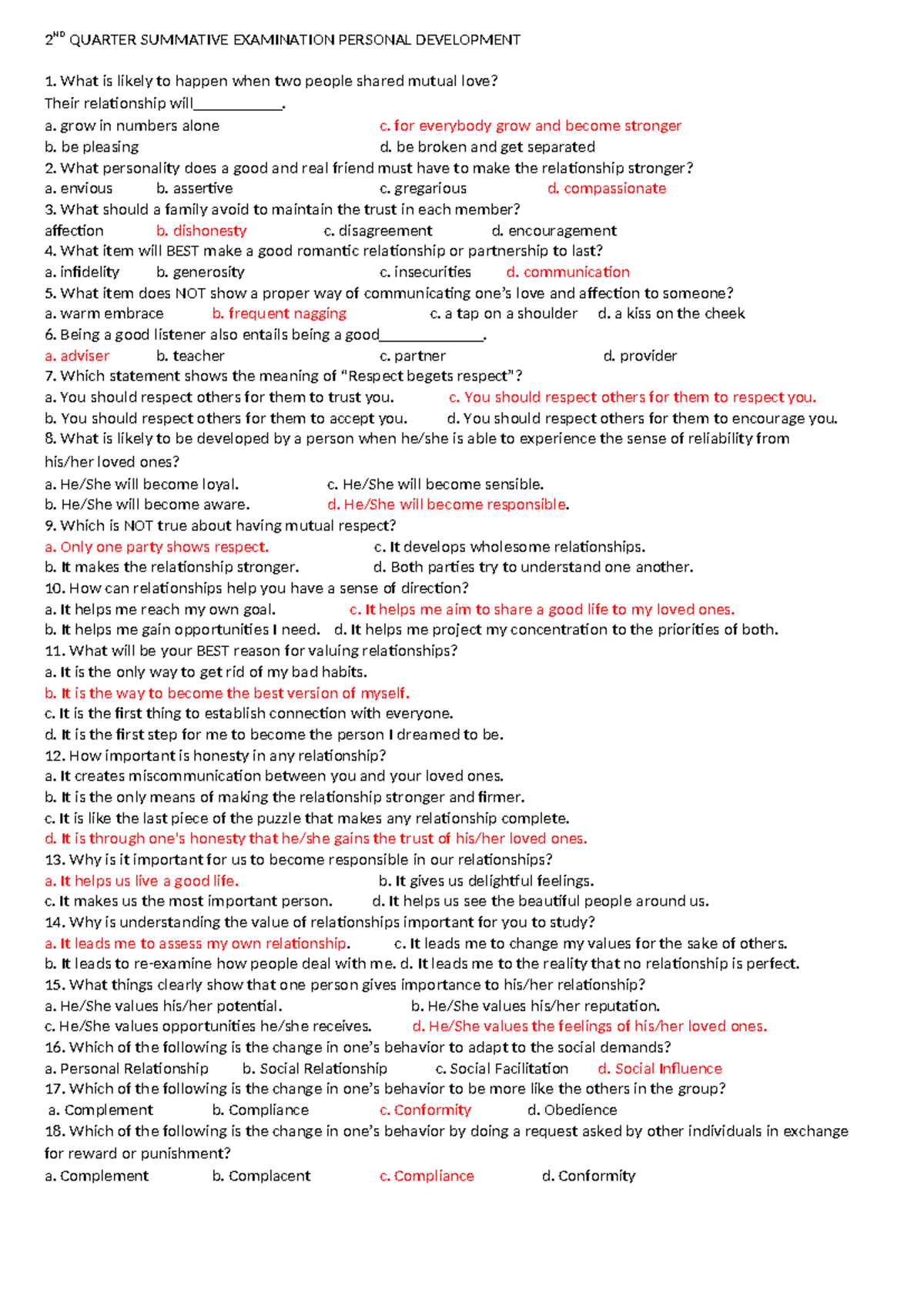 2ND QUARTER SUMMATIVE EXAMINATION IN PERSONAL DEVELOPMENT - Studocu