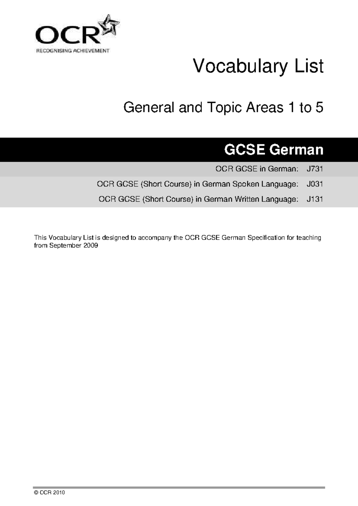 OCR GCSE German: Comprehensive Vocabulary List by Topic - Studocu