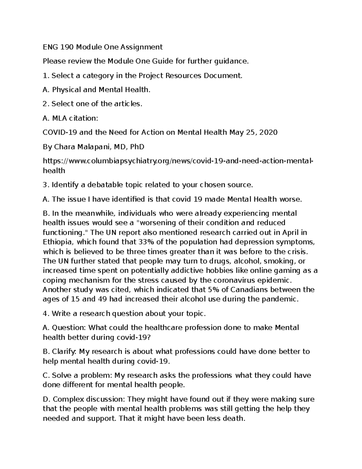 ENG 190 Module One Assignment: Mental Health Impact of COVID-19 - Studocu