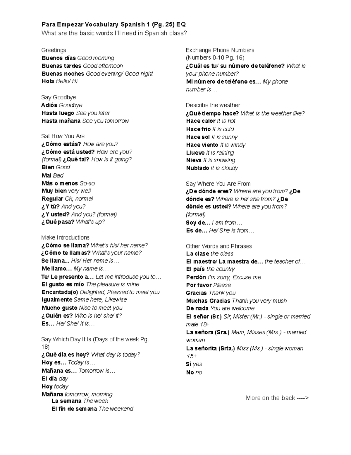 Spanish 1 Vocabulary Guide – Essential Greetings & Phrases - Studocu
