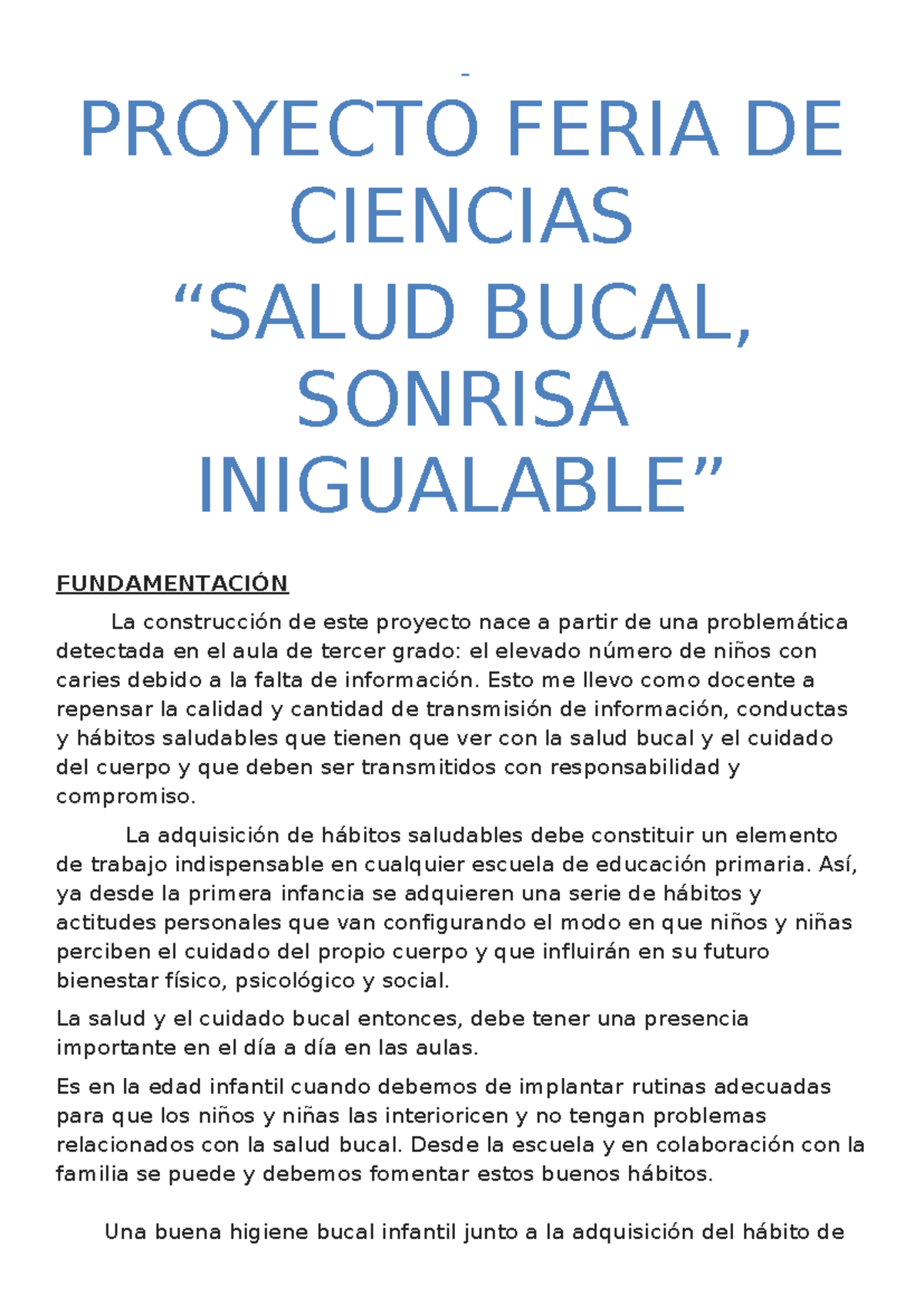 Proyecto Final: Feria de Ciencias - Salud Bucal y Prevención de Caries - Studocu