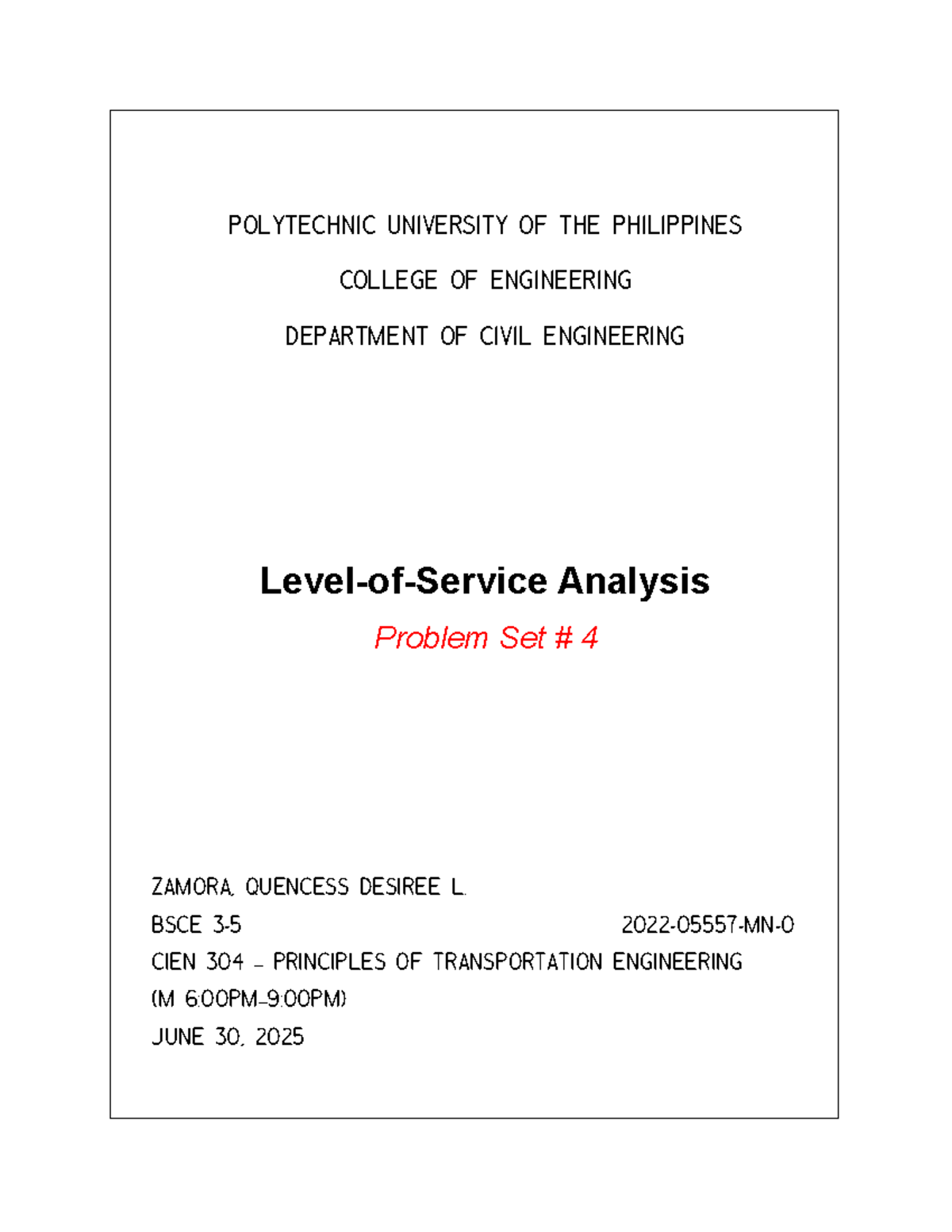 BSCE 304 Problem Set 4: Principles of Transportation Engineering - Studocu