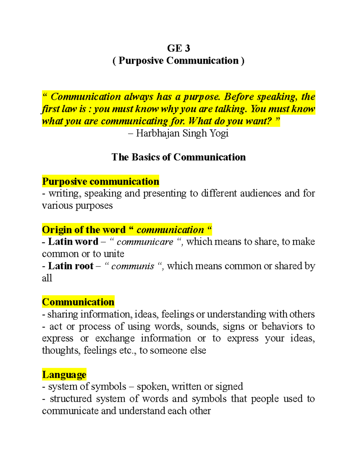 GE 3 (Purposive Communication) Comprehensive Reviewer Guide - Studocu