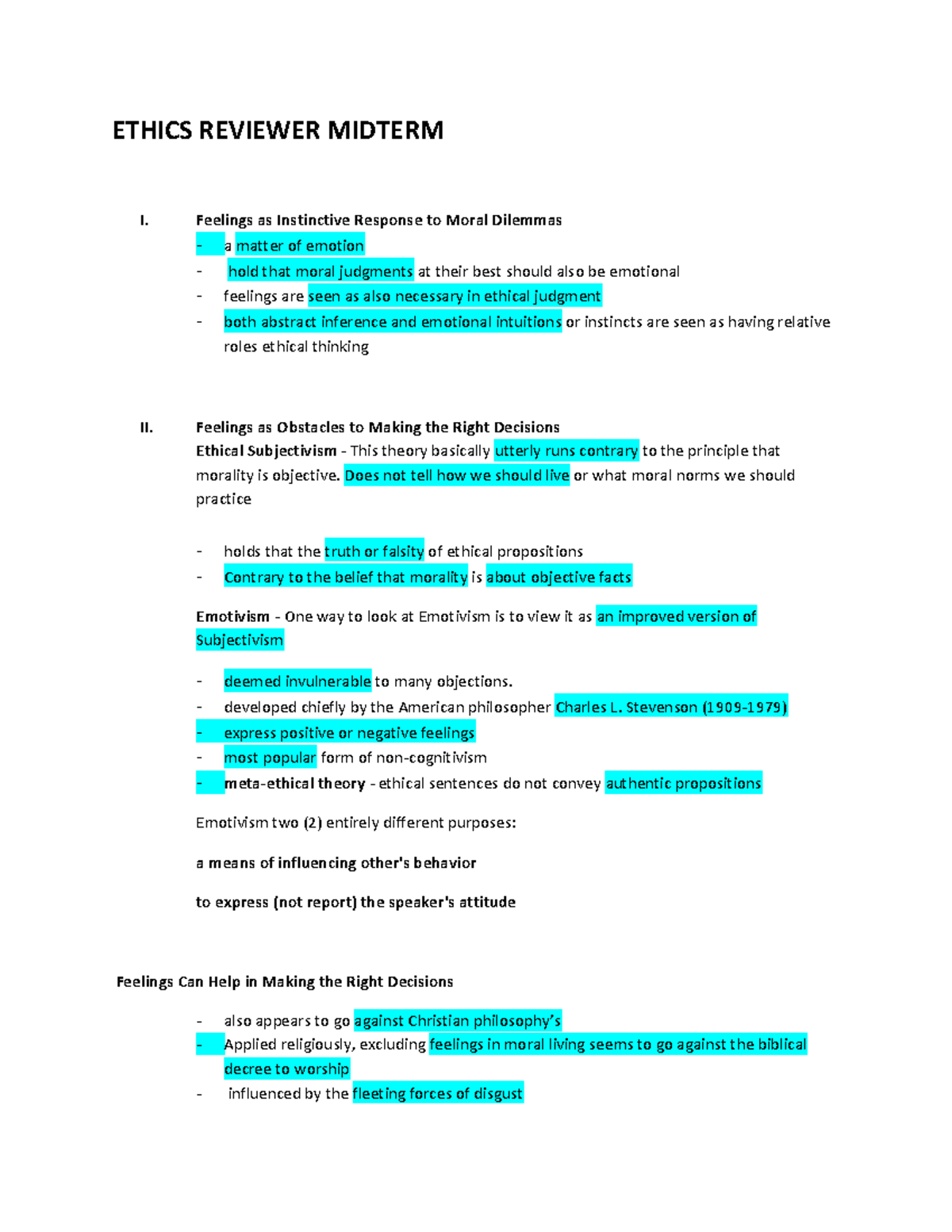 Ethics Reviewer Midterm - ETHICS REVIEWER MIDTERM I. Feelings as ...