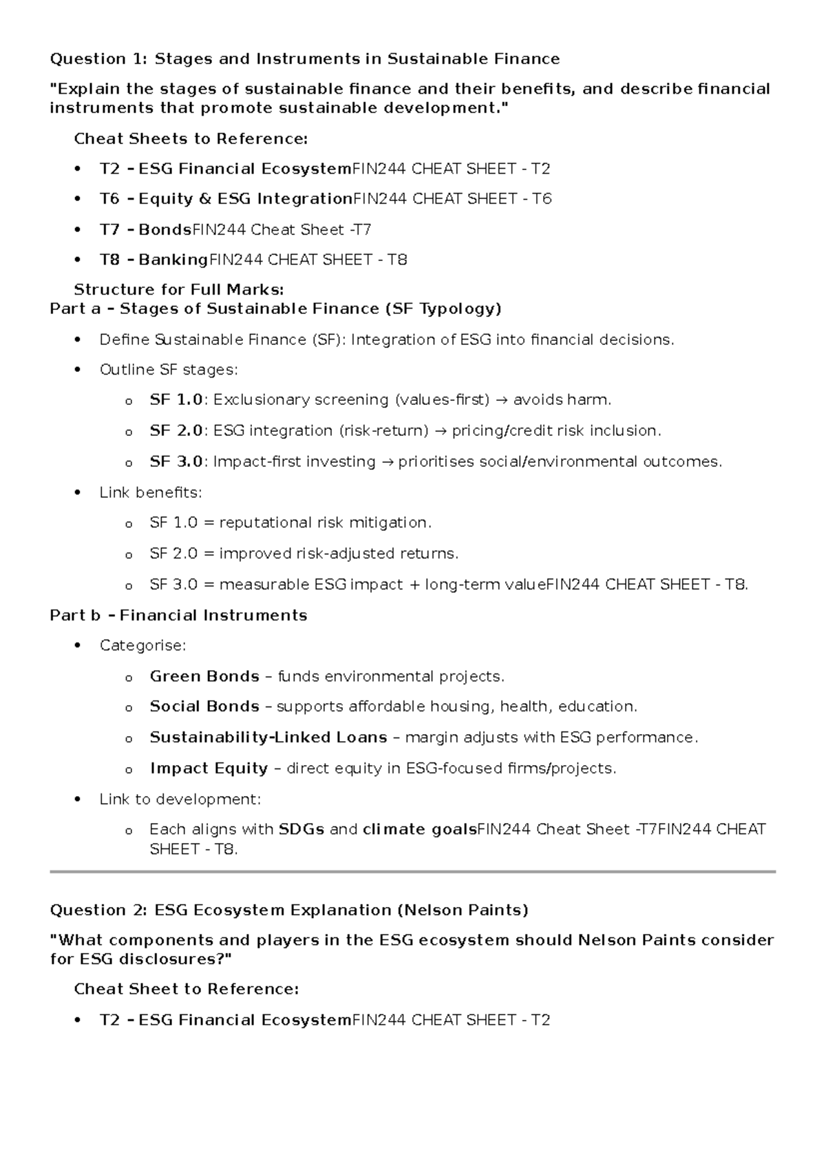 FIN244 Review: Short Answer Questions on Sustainable Finance and ESG ...