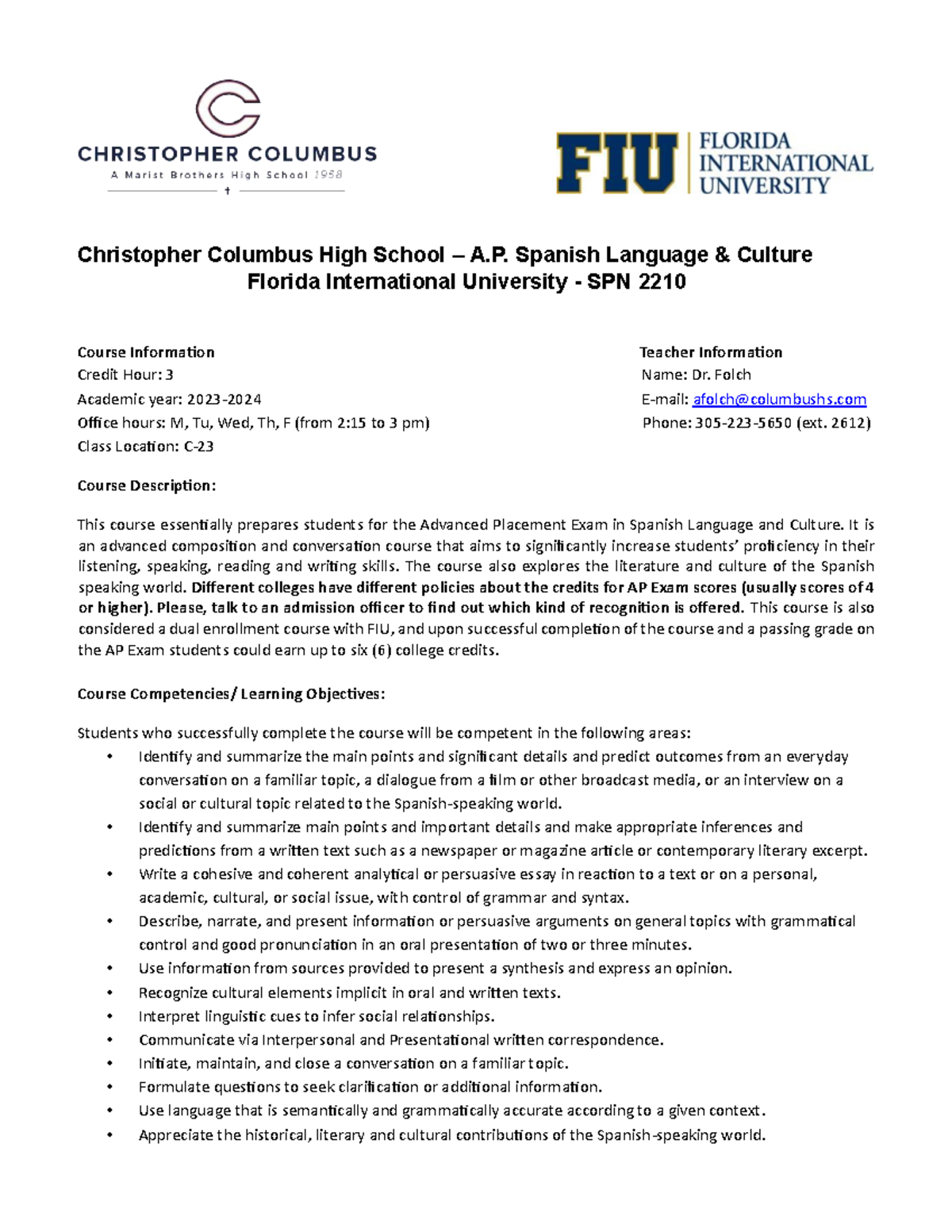 SPN 2210 A.P. Spanish Language & Culture Syllabus 2023-2024 - Studocu