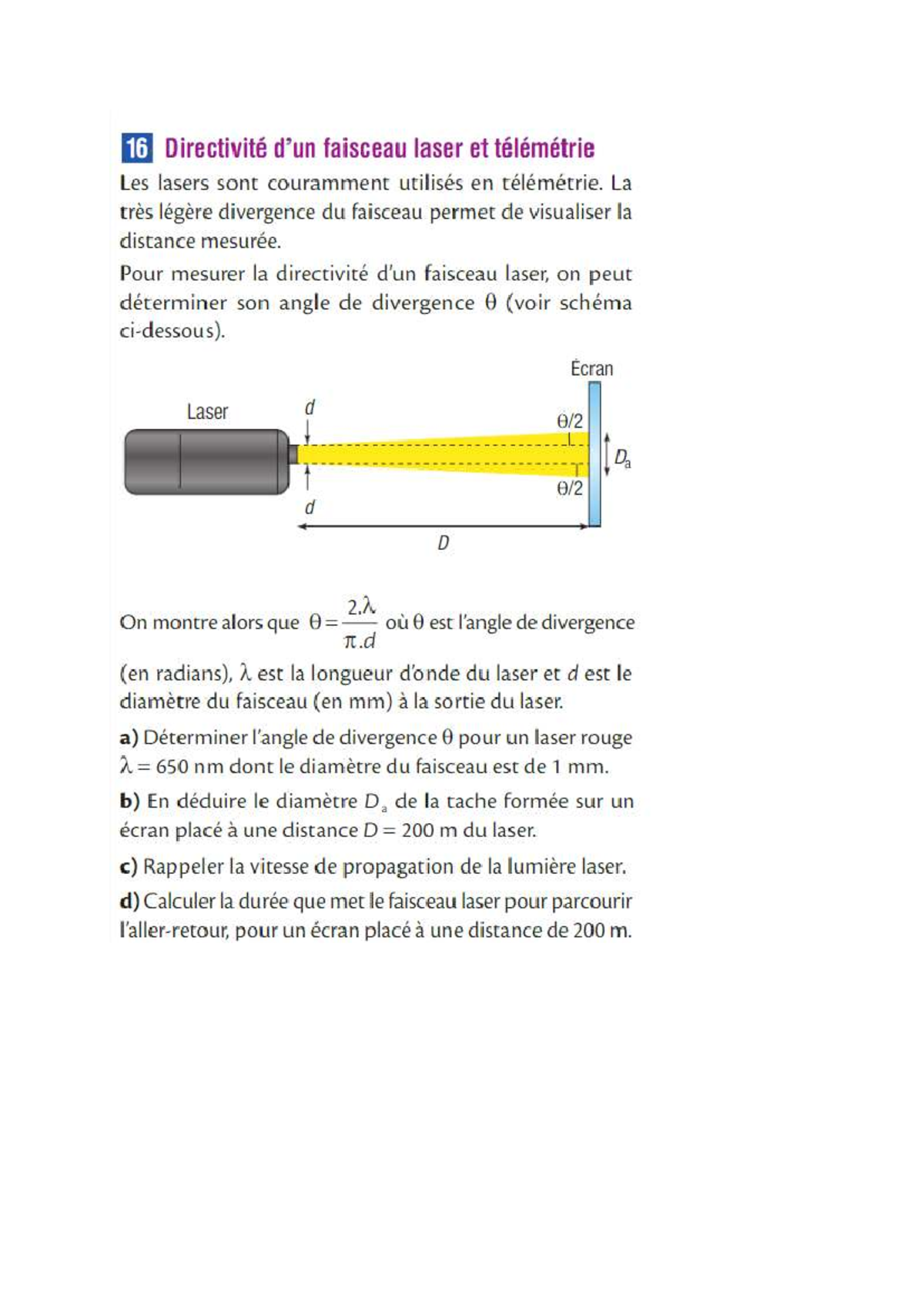 Exercice de Télémétrie et Directivité du Faisceau Laser - MEC - Studocu
