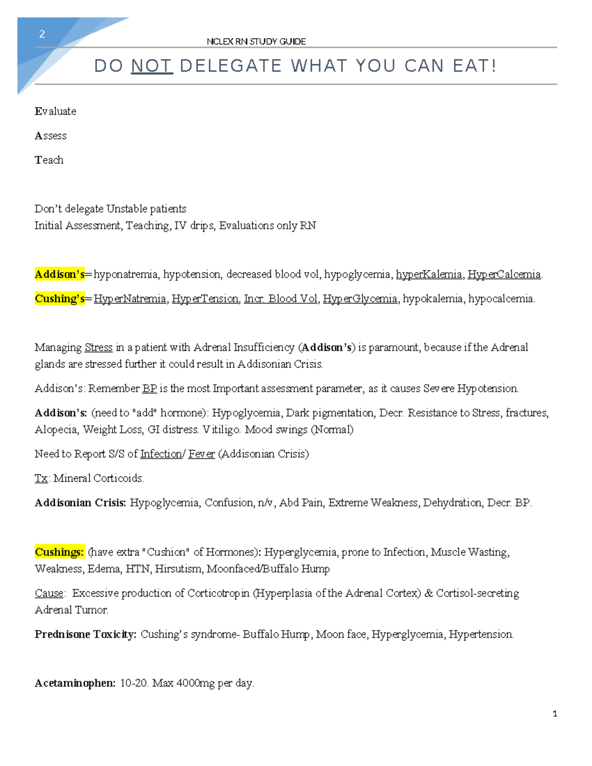 Nclex studyguide - nuclei study guide - NCLEX RN STUDY GUIDE DO NOT DELEGATE WHAT YOU CAN EAT ...