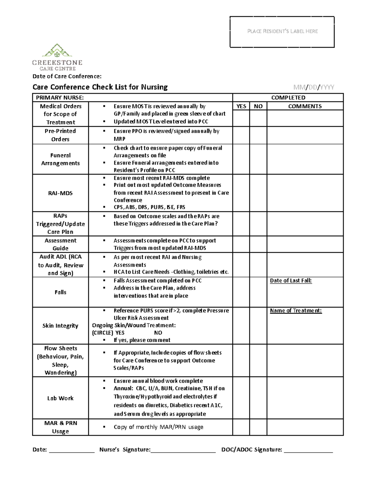 Creekstone Care Centre Care Conference Checklist for Nursing - Studocu