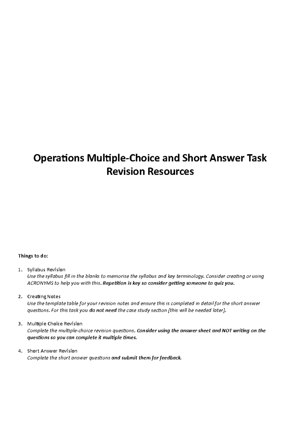 Operations Management Revision Guide: MCQs and Short Answer Prep - Studocu