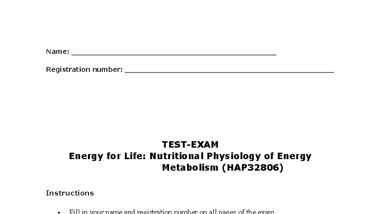 Practice Exam: Energy for Life - Nutritional Physiology (HAP32806 ...