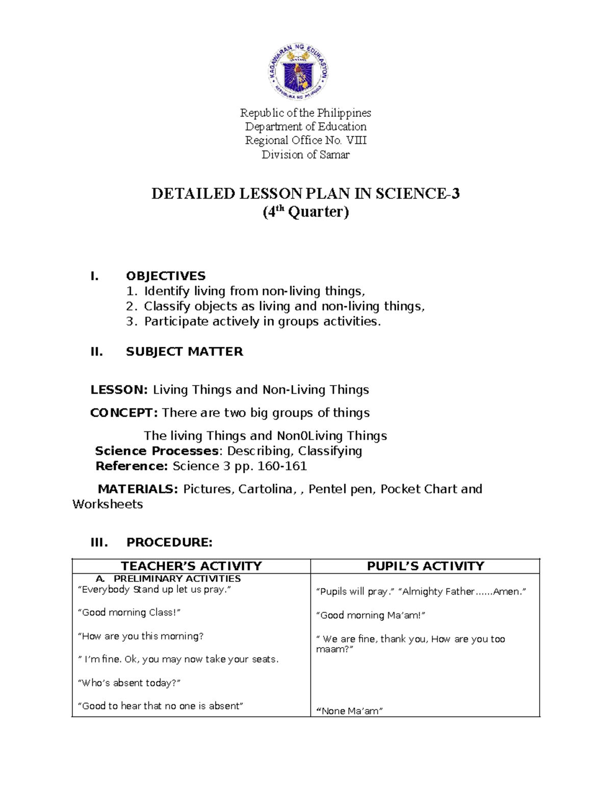 Detailed Lesson Plan in Science 3: Living vs. Non-Living Things - Studocu