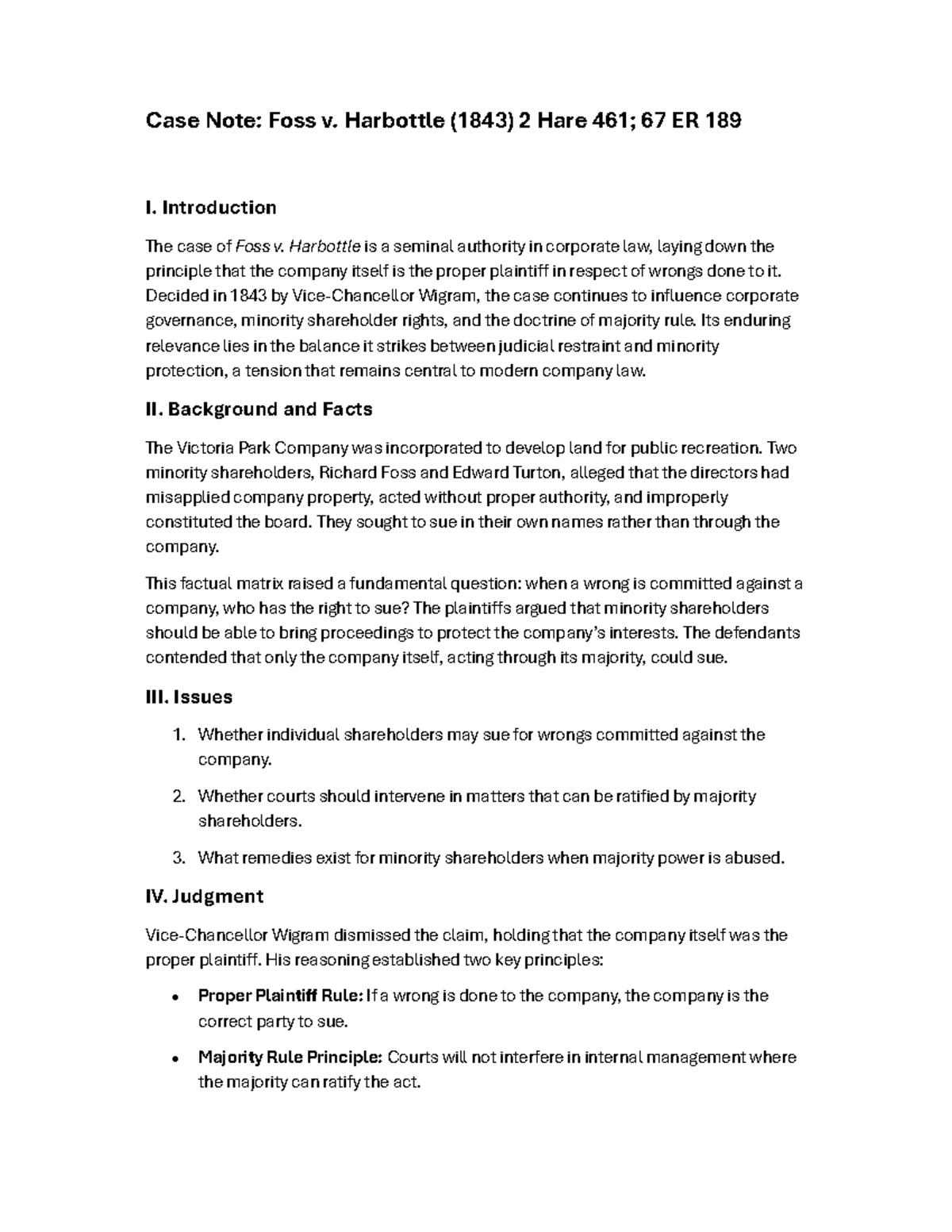 Case Study: Foss v. Harbottle (1843) - Corporate Law Principles - Studocu