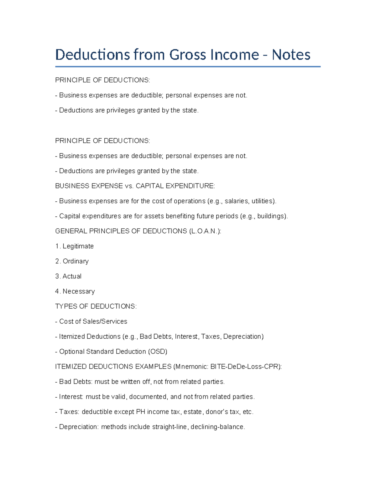 Deductions from Gross Income (L.O.A.) - Comprehensive Notes - Studocu