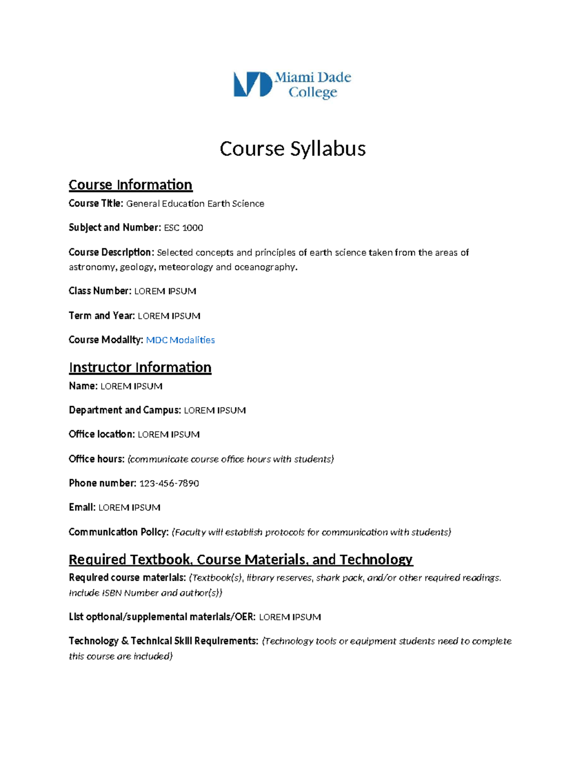 ESC1000 - General Education Earth Science Course Syllabus and Info ...