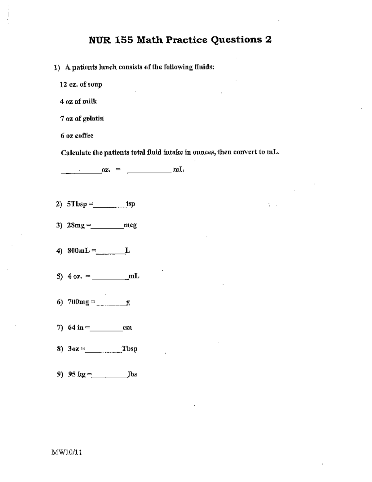 NUR 155 Math Practice Questions 2: Fluid Intake Calculations - Studocu