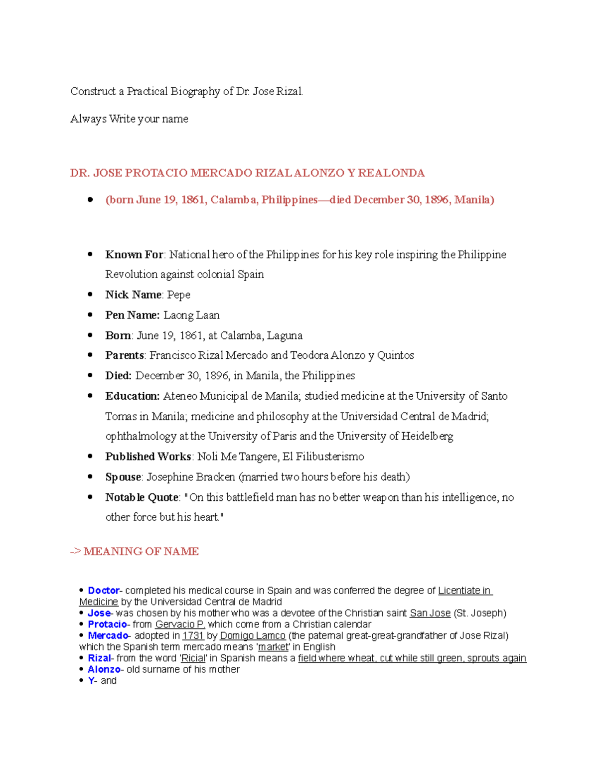 Practical Biography of Dr. Jose Rizal: Life and Legacy Overview - Studocu