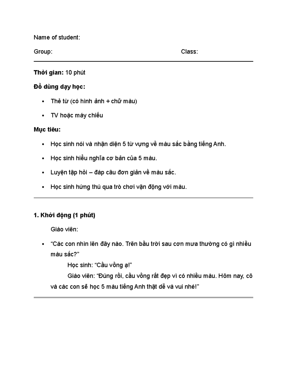 GIÁO ÁN DẠY Vocab: Màu Sắc Cầu Vồng - Lớp 22TA1 - Studocu