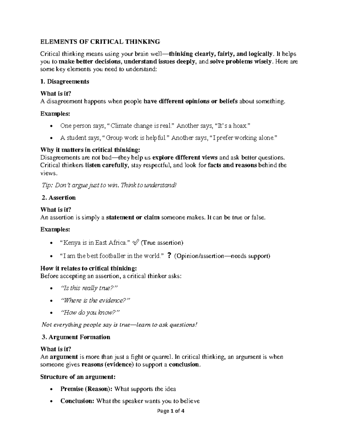 Elements of Critical Thinking: Key Concepts and Techniques - Studocu